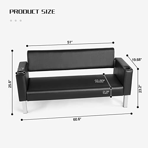 Artist hand Reception Chairs Waiting Room Bench Guest Chairs Draped in PVC Leather, 60.6'' Conference Room Chairs with 2 Cup Holder Office Couch Stainless Steel Base Beauty Equipment