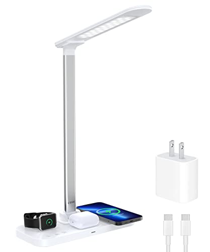 EMIE LED Desk Lamp with Wireless Charger, 15W Fast Wireless Charging Table Lamps for Home Office , 3 in 1 Multifunction Touch Control 3 Lighting Modes Eye-Caring Study Desk Light for Dorm Bedroom