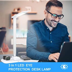 EMIE LED Desk Lamp with Wireless Charger, 15W Fast Wireless Charging Table Lamps for Home Office , 3 in 1 Multifunction Touch Control 3 Lighting Modes Eye-Caring Study Desk Light for Dorm Bedroom