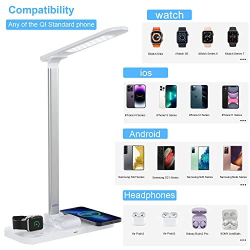 EMIE LED Desk Lamp with Wireless Charger, 15W Fast Wireless Charging Table Lamps for Home Office , 3 in 1 Multifunction Touch Control 3 Lighting Modes Eye-Caring Study Desk Light for Dorm Bedroom