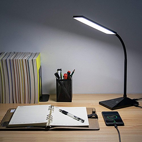 VICFUN LED Desk Lamp, 5 Color Modes with 7 Levels of Brightness, Eye-Caring Dimmable Table Lamp Office Lamp with USB Charging Port, Touch Control Sensitive Dimmable 12W Black