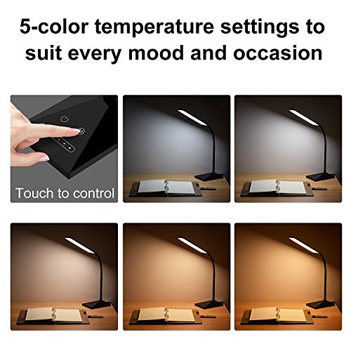 VICFUN LED Desk Lamp, 5 Color Modes with 7 Levels of Brightness, Eye-Caring Dimmable Table Lamp Office Lamp with USB Charging Port, Touch Control Sensitive Dimmable 12W Black