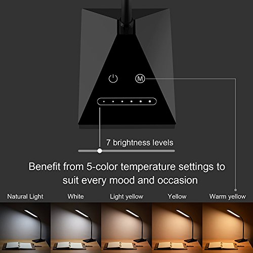 VICFUN LED Desk Lamp, 5 Color Modes with 7 Levels of Brightness, Eye-Caring Dimmable Table Lamp Office Lamp with USB Charging Port, Touch Control Sensitive Dimmable 12W Black