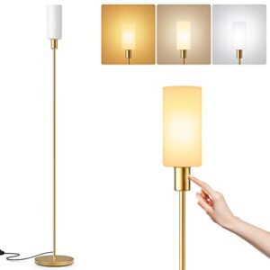 xmeye gold floor lamp for living room and bedroom, touch control 3 colors modern brass standing lamp, minimalist tall floor lamp with jade matte glass shade ( 9w led bulb included)