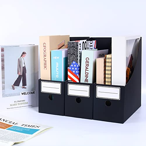 LE PAPILLION JEWELRY 6 Pack Magazine File Holders, Cardboard Magazine Holder with Labels, Document Storage Organizer Box for Office School Home Hospital Desktop Storage, Black