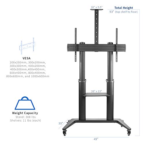 VIVO Premium Aluminum Mobile TV Cart for 32 to 120 inch Screens up to 308 lbs, LCD LED OLED 4K Smart Flat and Curved Panels, Heavy Duty Stand, Shelf, Wheels, Max VESA 1000x600, Black, STAND-TV120B