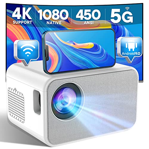 KYASTER Native 1080P Projector,450 ANSI Lumen 4K Supported Mini Projector,4P/4D Keystone Correction,Android 9.0 OS with Build in App Store,5G WiFi Wireless Screencast for iPhone