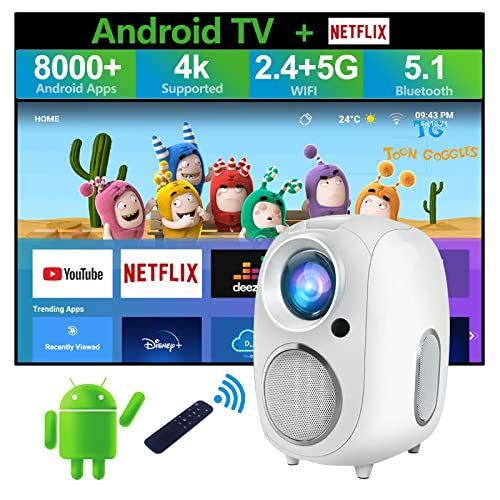 4K Projector with 5G WiFi and Bluetooth,Android TV Projector 1080P Full HD 4K Supported, Projector for Outdoor Use,500 ANSI Lumen 300" Screen,Smart Projector with Apps for iPhone/HDMI/USB