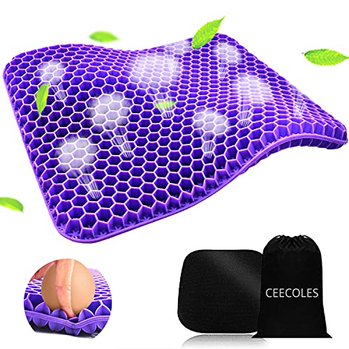 Purple Gel Seat Cushion, Double Purple Gel Seat Cushion with Non-Slip Cover for Long Sitting, Cold Gel Seat Cushion for Office Chair Car Wheelchair Accessories, Help with Sciatica & Relief Back Pain