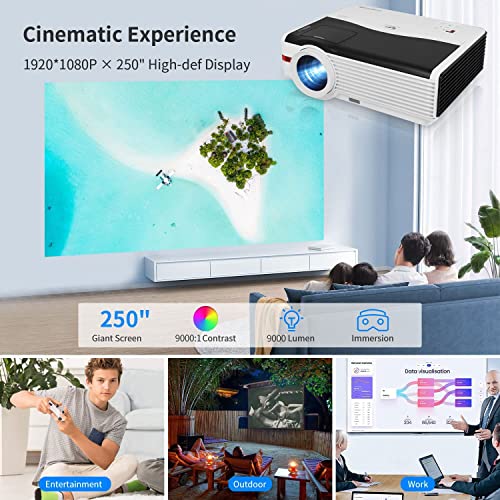 9000L Bluetooth WiFi Projector Native 1080, Full HD Video Projectors Wireless Sync Screen for Smartphones/PC, Outdoor Home Theater Projectors 4D Keystone & Zoom, with HDMI,VGA,USB,AV,Audio Port