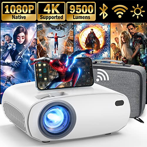 [Upgraded] WiFi Bluetooth Projector 4K Support, 9500L Native 1080P Outdoor Movie Projector for iPhone Andriod, 300" Display Video Projector Compatible TV Stick, Phone, Computer