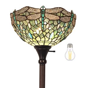 mooview tiffany floor lamp torchiere led uplight stained glass dragonfly retro floor lamps for living room retro corner bright torch lamp included 1pcs led bulb(2700k, e26), sea blue