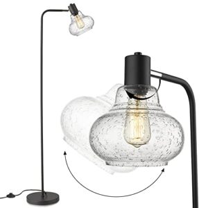 elyona industrial floor lamp, modern standing light with handblown seeded bubble glass shade, tall pole farmhouse corner light for living room bedroom office, edison 6w bulb included, black