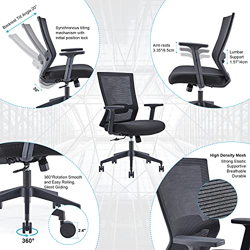 Farini Office Chair, Mid-Back Ergonomic Mesh Chair Executive Swivel Desk Chair with Lumbar Support Adjustable Height Arm (Black)