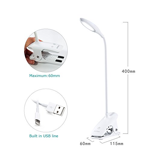 Brivation LED Desk Lamp with USB Charging Port, Clip Lamp for Desk, Portable Eye-Care Desk Light, Flexible Gooseneck USB Rechargeable, 3 Dimming Levels, Touch Control