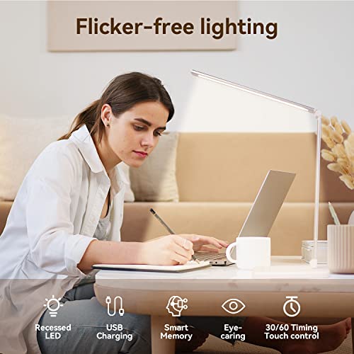 Luubeibei LED Desk Lamp with USB Charging Port, Dimmable Eye-Caring Reading Bedroom Desk Light for Home, Touch Sensitive Control, Auto Timer with 5 Lighting & 5 Brightness Level