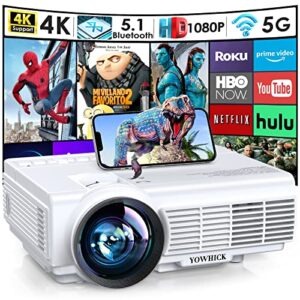 projector with wifi and bluetooth, 5g wifi native 1080p 8500l yowhick outdoor projector 4k support, mini portable movie projector with screen, for hdmi, vga, usb, laptop, ios & android phone