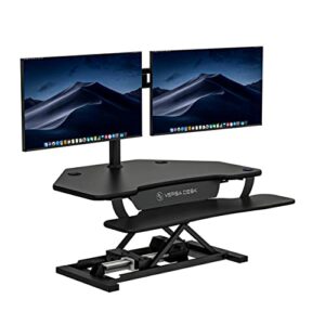 versadesk 36″ corner standing desk converter, powerpro electric height adjustable desk riser for standing or sitting, keyboard tray, usb charging port, holds 80 lbs, black