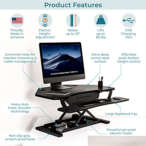 VERSADESK 36" Corner Standing Desk Converter, PowerPro Electric Height Adjustable Desk Riser for Standing or Sitting, Keyboard Tray, USB Charging Port, Holds 80 lbs, Black