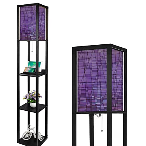 Abstract Stained Glass Mosaic Purple Violet Floor Lamp with Shelves USB Ports & Power Outlet Linen Fabric Shade Corner Standing Lamp for Living Room