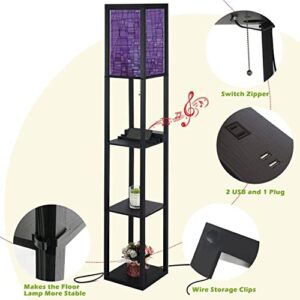 Abstract Stained Glass Mosaic Purple Violet Floor Lamp with Shelves USB Ports & Power Outlet Linen Fabric Shade Corner Standing Lamp for Living Room