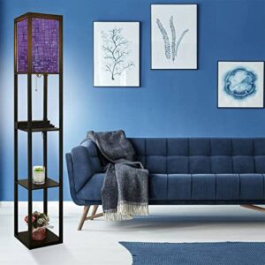 Abstract Stained Glass Mosaic Purple Violet Floor Lamp with Shelves USB Ports & Power Outlet Linen Fabric Shade Corner Standing Lamp for Living Room