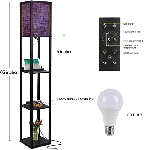 Abstract Stained Glass Mosaic Purple Violet Floor Lamp with Shelves USB Ports & Power Outlet Linen Fabric Shade Corner Standing Lamp for Living Room