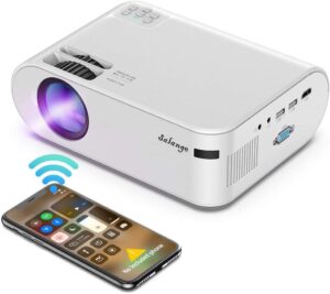 mini projector, salange 2023 upgraded wifi video projector, 8500 lumens and 1080p hd support, compatible w iphones, android phone, roku, hdmi, ps4, ps5, laptop for home theater and outdoor movies