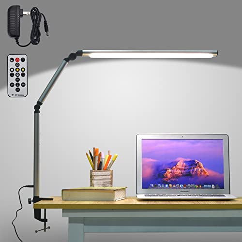 Coyfa LED Desk Lamp with Clamp and RF Remote, Metal Swing Arm Desk Lamps for Home Office, 3 Color Modes 6 Brightness Timing Dimmable Eye Caring Memory Function Desk Light