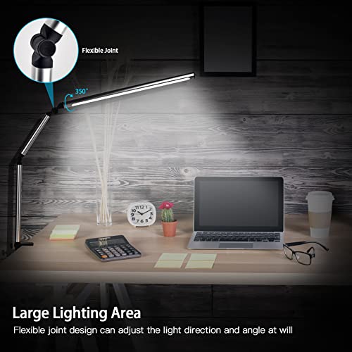 Coyfa LED Desk Lamp with Clamp and RF Remote, Metal Swing Arm Desk Lamps for Home Office, 3 Color Modes 6 Brightness Timing Dimmable Eye Caring Memory Function Desk Light