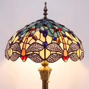 WERFACTORY Tiffany Floor Lamp Blue Yellow Stained Glass Dragonfly Standing Reading Light 16X16X64 Inches Antique Pole Corner Lamp Decor Bedroom Living Room Home Office S128 Series