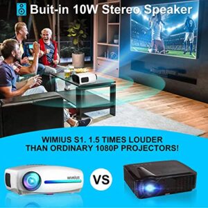 Native 1080P Projector Support 4K Full HD, WiMiUS S1 Top Bright Projector Support 60HZ Fresh Rate, Home & Outdoor Video Projector w/ 4D Keystone & 10W Speaker for iOS, Android, TV Stick