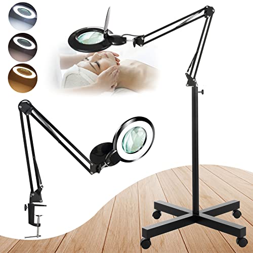 (New Upgrade) 10X Magnifying Floor Lamp with Clamp and 4 Wheel Rolling Base, HITTI 2200 LM LED 3 Color Dimmable Magnifying Glass with Light, Adjustable Arm Lighted Magnifier for Craft, Esthetican