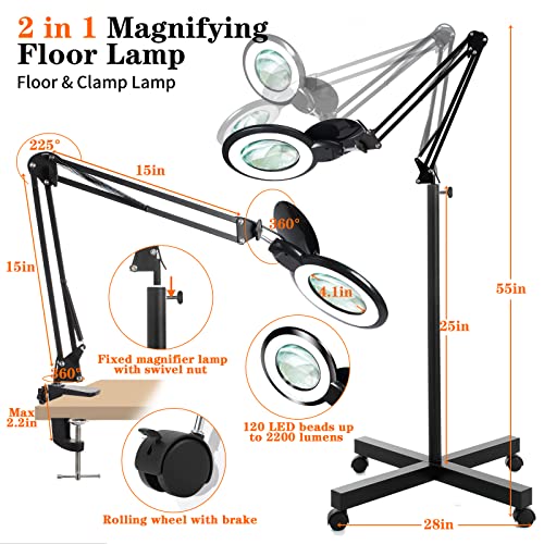 (New Upgrade) 10X Magnifying Floor Lamp with Clamp and 4 Wheel Rolling Base, HITTI 2200 LM LED 3 Color Dimmable Magnifying Glass with Light, Adjustable Arm Lighted Magnifier for Craft, Esthetican