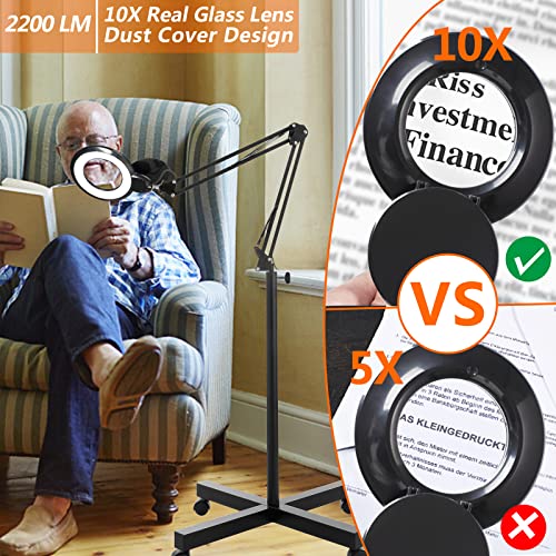 (New Upgrade) 10X Magnifying Floor Lamp with Clamp and 4 Wheel Rolling Base, HITTI 2200 LM LED 3 Color Dimmable Magnifying Glass with Light, Adjustable Arm Lighted Magnifier for Craft, Esthetican