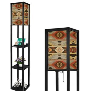 bvcahsaw navajo geometric seamless native american southwest print ethnic floor lamp with shelves usb ports & power outlet linen fabric shade corner tall modern standing, multicolor, 63×10.25×10.25”