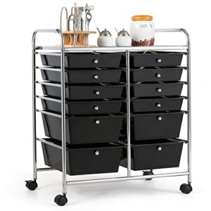 costway 12-drawer rolling storage cart, moveable art craft organizer w/lockable wheels, metal shelf, files arrangement tools makeup storage cart for office, home, school (black)