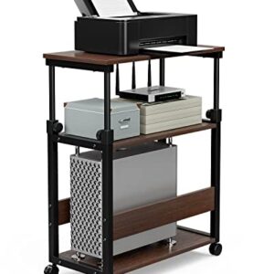 Computer Tower Stand with Wheels, Height Adjustable PC Tower Stand Under Desk, 3 Shelves Rolling Printer Cart for Home Office, Walnut