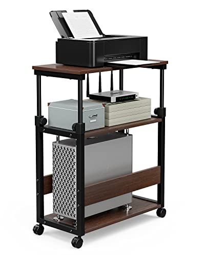 Computer Tower Stand with Wheels, Height Adjustable PC Tower Stand Under Desk, 3 Shelves Rolling Printer Cart for Home Office, Walnut