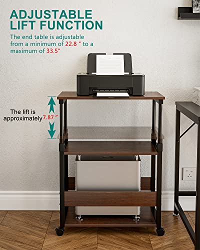 Computer Tower Stand with Wheels, Height Adjustable PC Tower Stand Under Desk, 3 Shelves Rolling Printer Cart for Home Office, Walnut