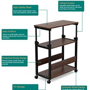 Computer Tower Stand with Wheels, Height Adjustable PC Tower Stand Under Desk, 3 Shelves Rolling Printer Cart for Home Office, Walnut