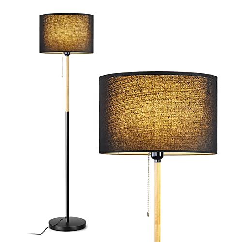 Modern Floor Lamp for Living Room Traditional Farmhouse Floor Lamps Mid-Century Pole Lamp with Linen Lamp Shade, Standing Tall Floor Lamps for Bedrooms and Office (Black)