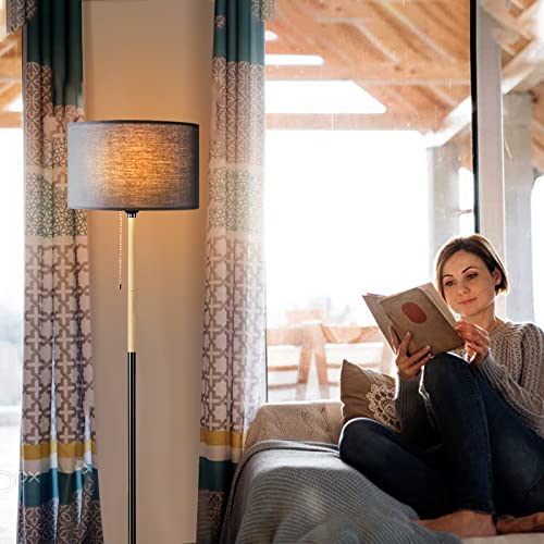 Modern Floor Lamp for Living Room Traditional Farmhouse Floor Lamps Mid-Century Pole Lamp with Linen Lamp Shade, Standing Tall Floor Lamps for Bedrooms and Office (Black)