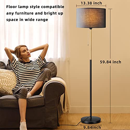 Modern Floor Lamp for Living Room Traditional Farmhouse Floor Lamps Mid-Century Pole Lamp with Linen Lamp Shade, Standing Tall Floor Lamps for Bedrooms and Office (Black)