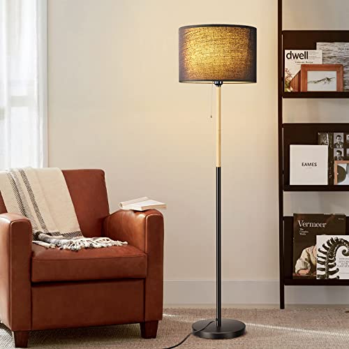 Modern Floor Lamp for Living Room Traditional Farmhouse Floor Lamps Mid-Century Pole Lamp with Linen Lamp Shade, Standing Tall Floor Lamps for Bedrooms and Office (Black)