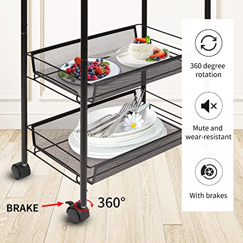 Ruishetop Rolling Push Cart Stand Shelves, Storage Rack with Wheels with Mesh Wire Basket, Multifunction Metal Trolley Organizer for Home, Office, Bedroom, Bathroom, Kitchen (3-Tier Black)