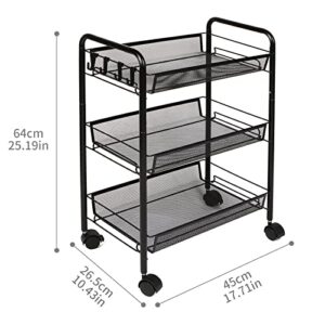 Ruishetop Rolling Push Cart Stand Shelves, Storage Rack with Wheels with Mesh Wire Basket, Multifunction Metal Trolley Organizer for Home, Office, Bedroom, Bathroom, Kitchen (3-Tier Black)