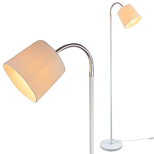 LIGHTACCENTS Adjustable White Floor Lamp with Chrome Adjustable Gooseneck Head Lamp and White Fabric Drum Lamp Shade - Flexible Reading Floor Lamp - (White)