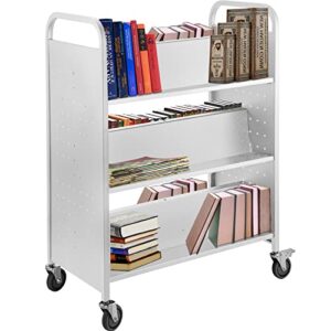 vevor book cart, 200lbs library cart, 35x19x49 inch rolling book cart double sided w-shaped sloped shelves with 4-inch lockable wheels, for home shelves office and school book truck in white