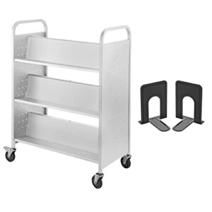 VEVOR Book Cart, 200lbs Library Cart, 35x19x49 Inch Rolling Book Cart Double Sided W-Shaped Sloped Shelves with 4-Inch Lockable Wheels, for Home Shelves Office and School Book Truck in White